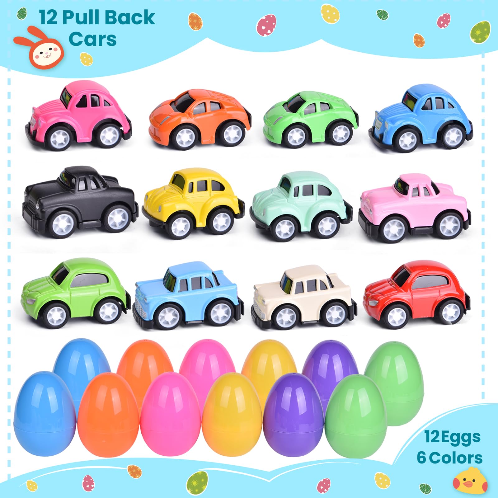 FUN LITTLE TOYS 12 PCs Easter Eggs Prefilled with Pull Back Cars for Kids, Toy Vehicles Easter Party Favors Easter Basket Stuffers, Easter Egg with Toys Inside for Fillers Egg Hunt Classroom Prizes