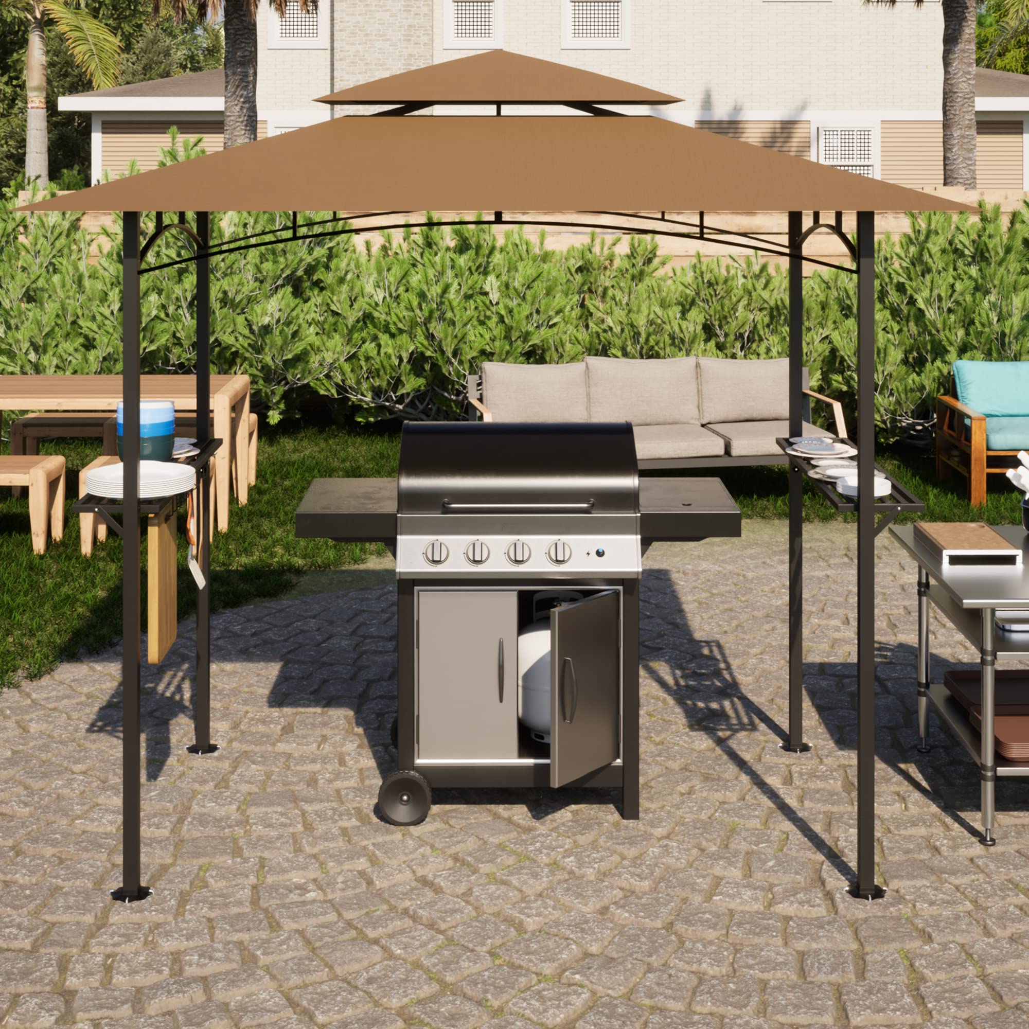Grill Gazebo,8 x 5 FT Grill Pergola Tent with Air Vent Double Tiered BBQ Gazebo Outdoor Barbecue Canopy