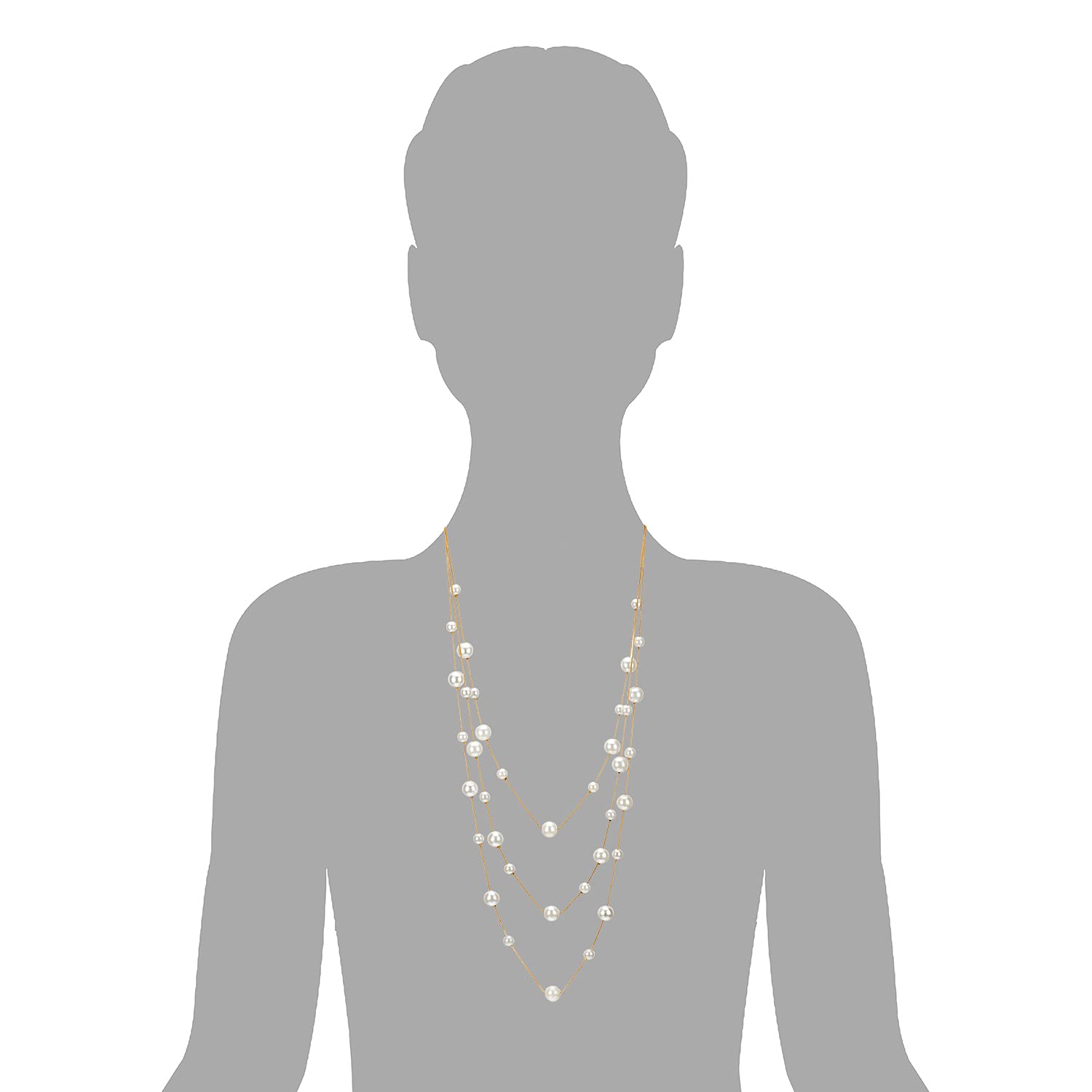 Gold White Statement Necklace Three-Strand Long Chains with Synthetic Pearl Beads, Elegant, Dress
