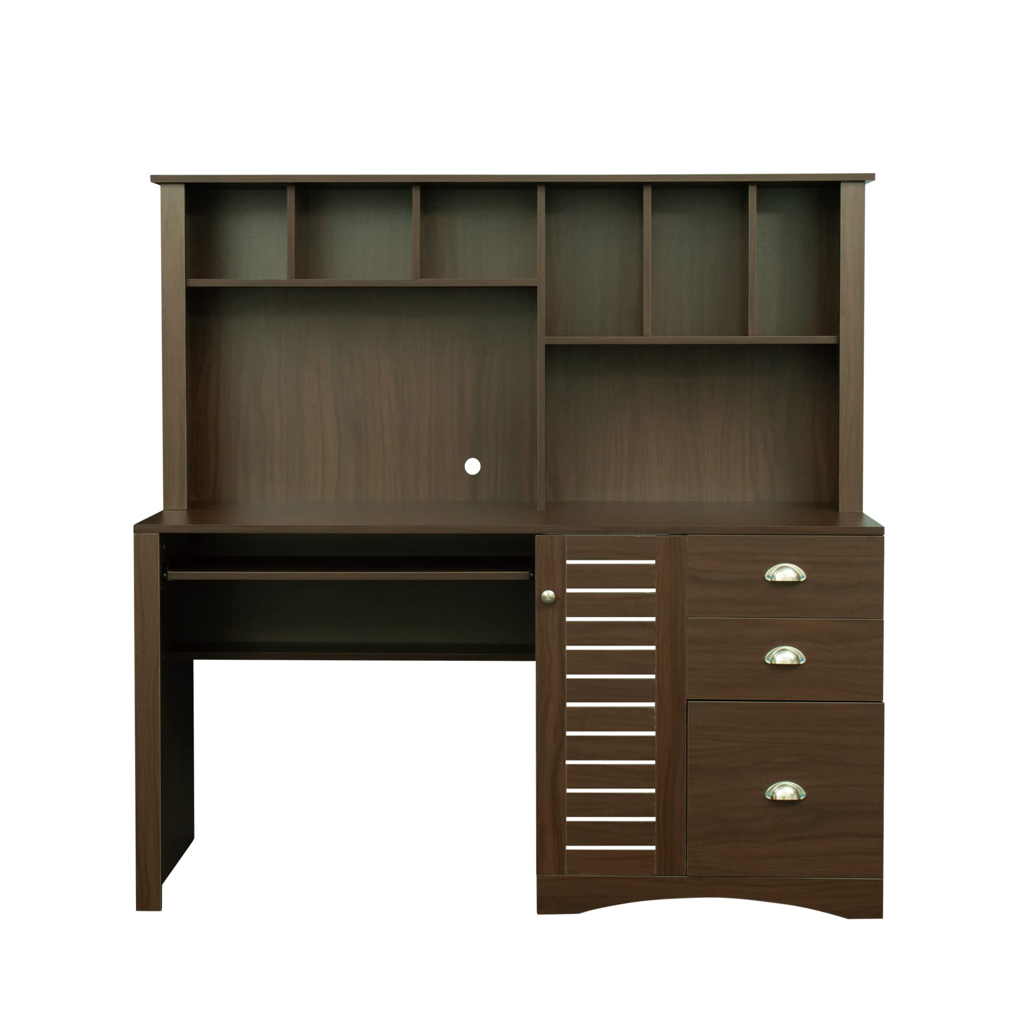 GINGVAT Hutch Style Home Computer Desk with Shelves and 3 Large Drawers,Slid Keyboard Tray,for Study, Bedroom, Living Room and Office, Walnut