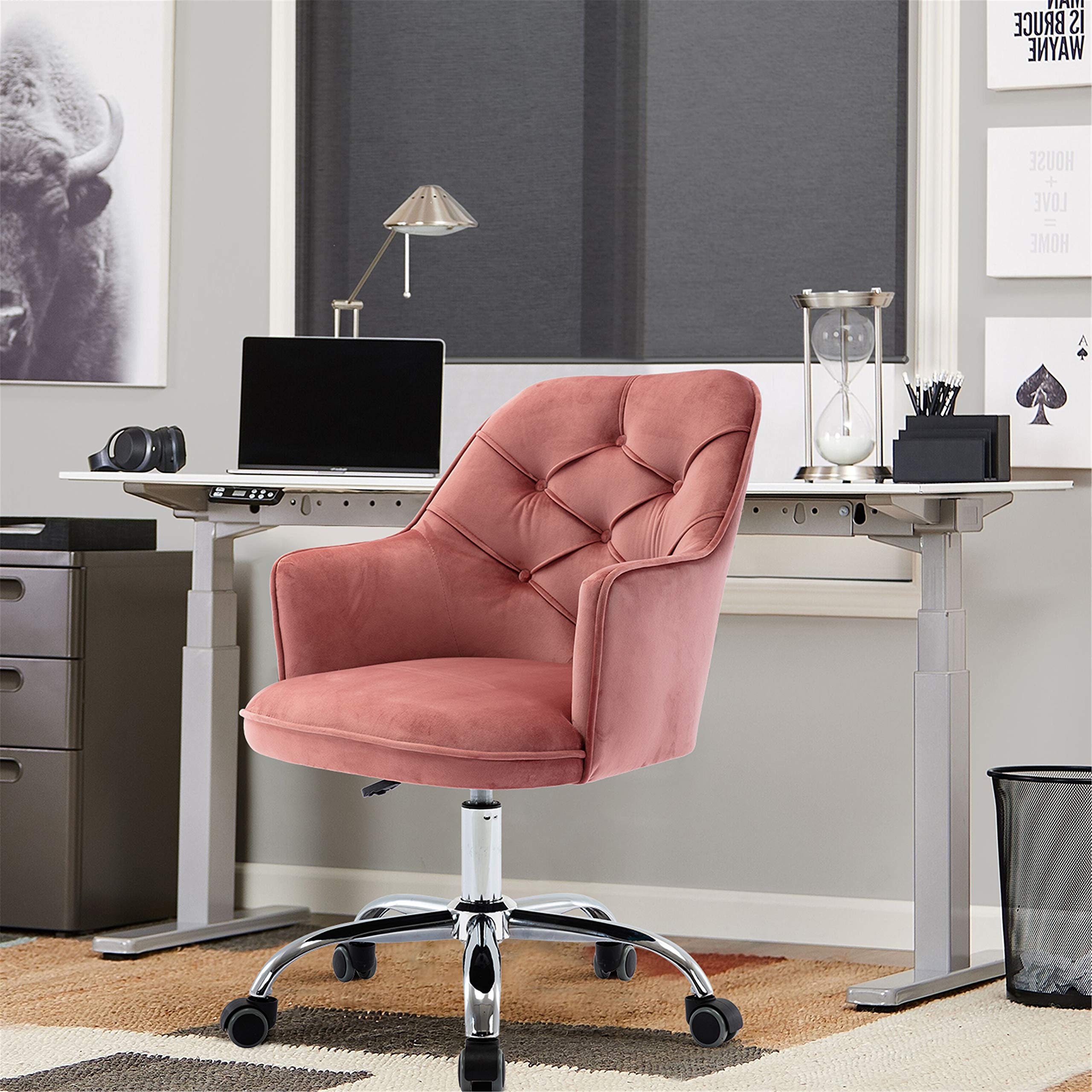 Goujxcy Upholstered Velvet Swivel Chair on Rolling Castors, Adjustable Lift Height Home Office Leisure Armrest Shell Chair with Backrest, Pink