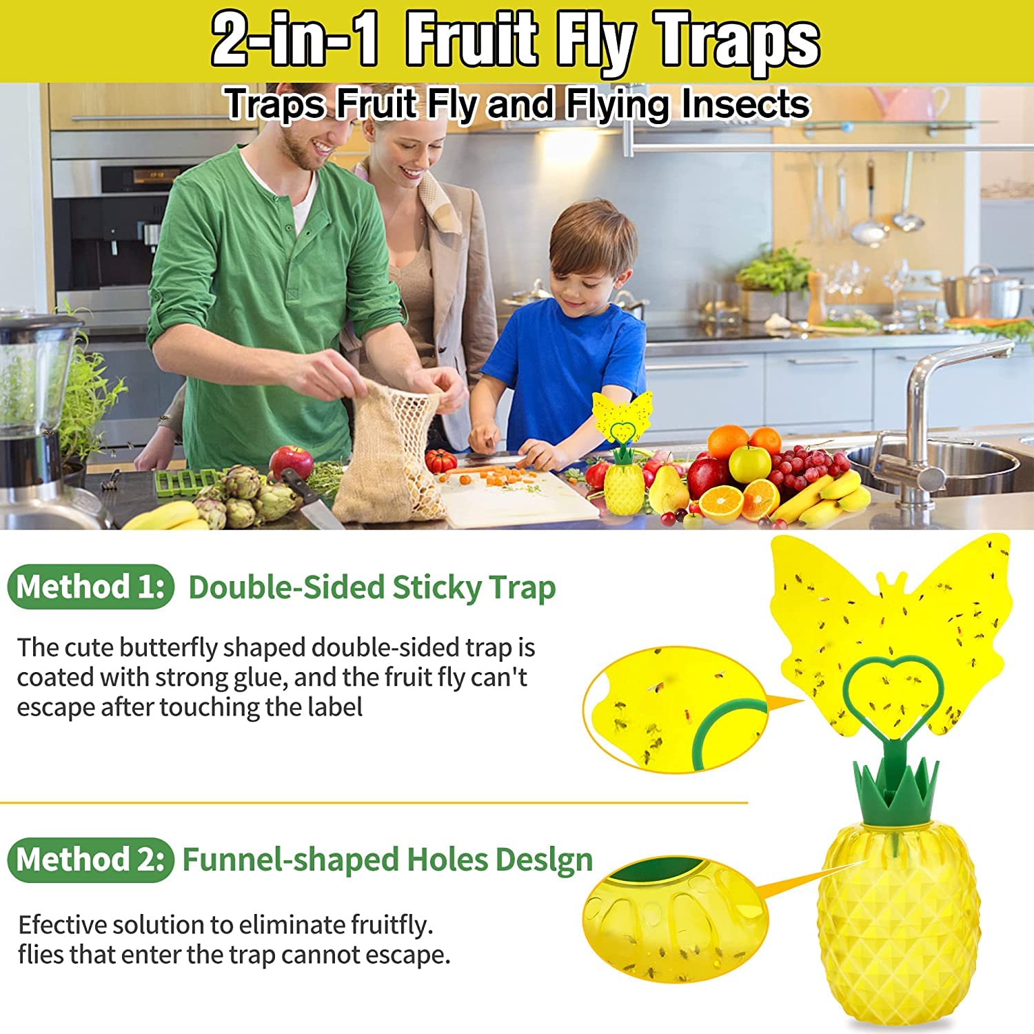 Fruit Fly Trap with Sticker, 2023 Upgrade Effective Fly Catcher Gnat Traps for House Indoor, Safe Non-Toxic Reusable Fruit Fly Gnat Killer with Fruit Fly Attractant for Home, Plant, Kitchen (2 Pack)