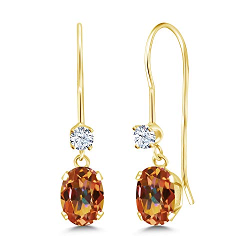 Gem Stone King 14K Yellow Gold Ecstasy Mystic Topaz French Wire Dangle Earrings For Women (1.20 Cttw, Gemstone Birthstone, Oval 6X4MM and Round 2.5MM)