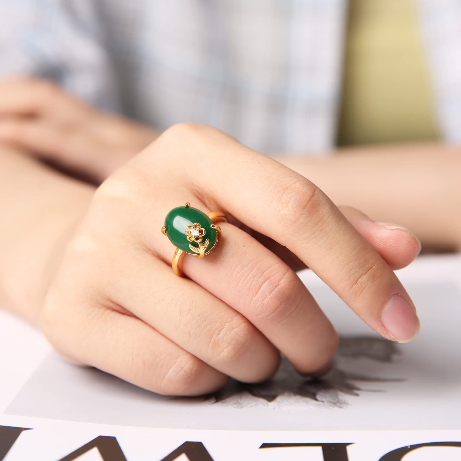 HZMAN Faux Red/Green Onyx Ring Ladies Adjustable 14K Gold Plated Brass Inlaid CZ Thumb Pinky Ring