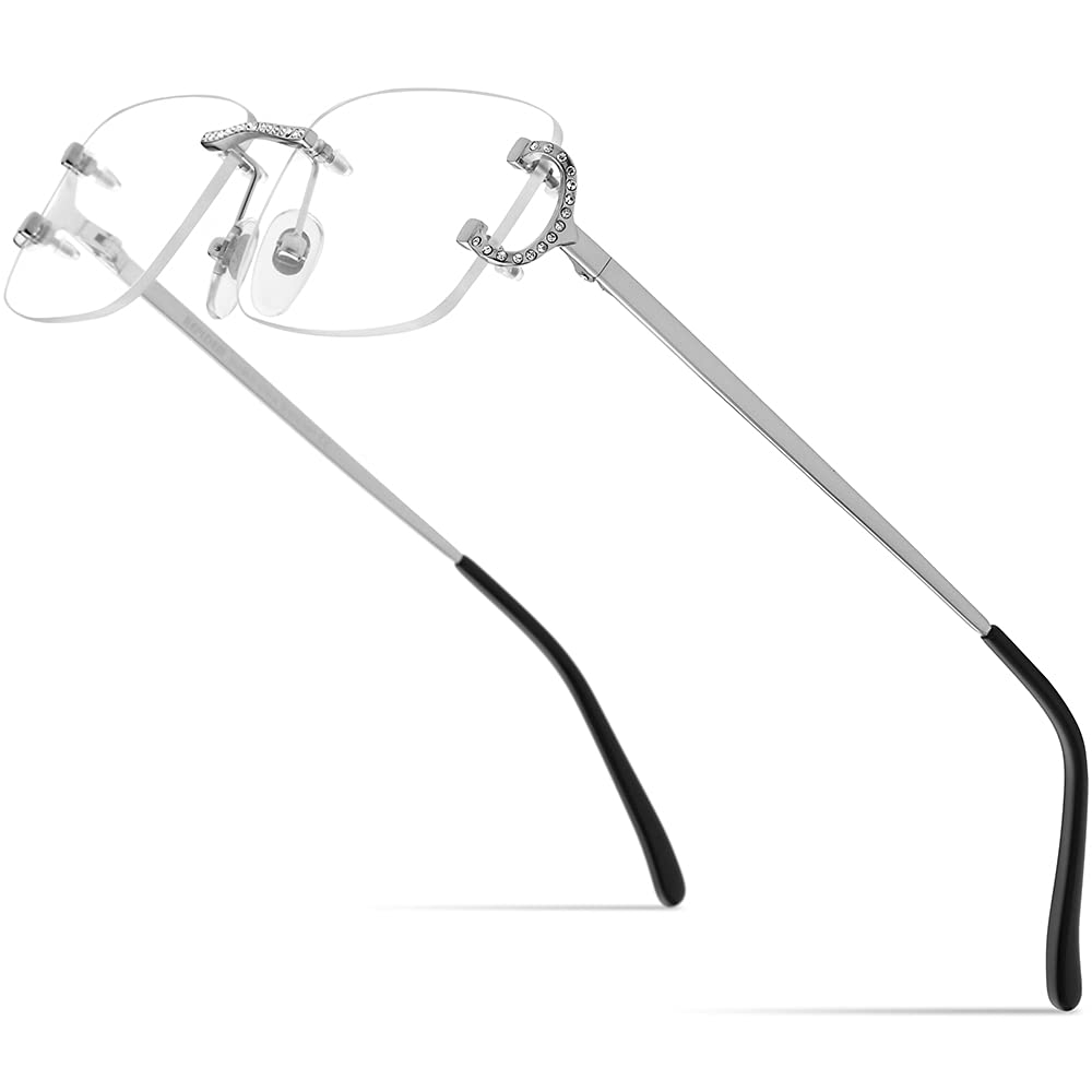 HEPIDEM Vintage Style Rectangular Rimless Metal Eyeglasses for Men Frameless Zircon Diamonds Glasses Frame (50254 Silver)