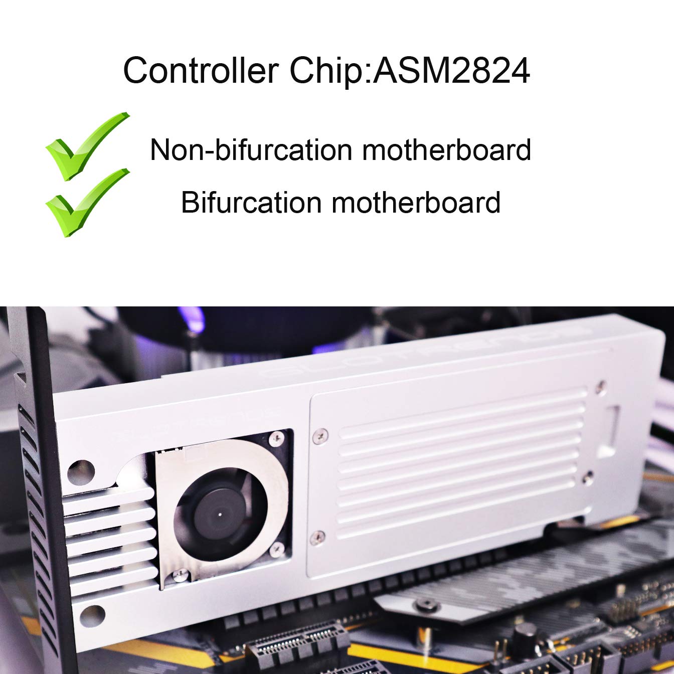 GLOTRENDS 4-Bay M.2 NVME Adapter, Support Non-Bifurcation Motherboard, Soft RAID, PCIE 3.0 X8 Bandwidth, Full Aluminum Panel with Built-in Fan (Sky)
