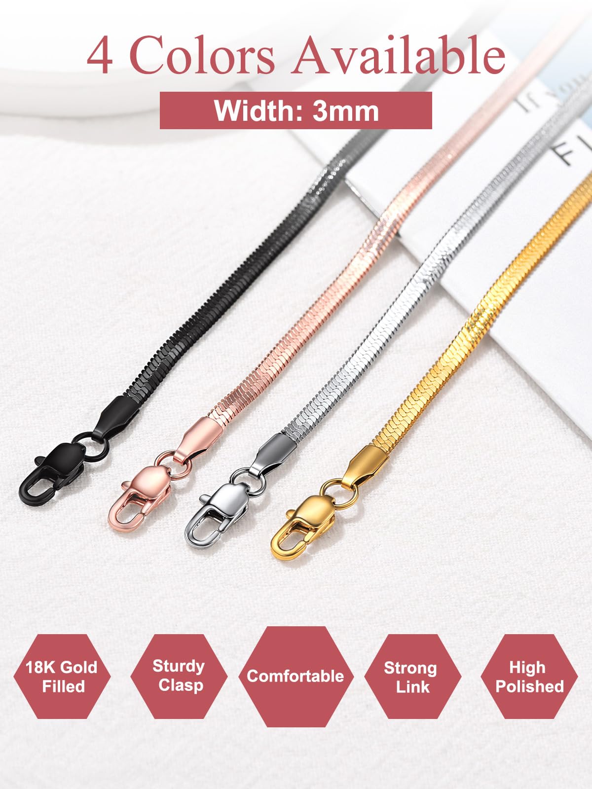 FOCALOOK Rose Gold Plated Flat Snake Chain Necklace Herringbone Necklace Pink Choker Necklaces for Women 3MM(W) 12.5+3.5"(L)