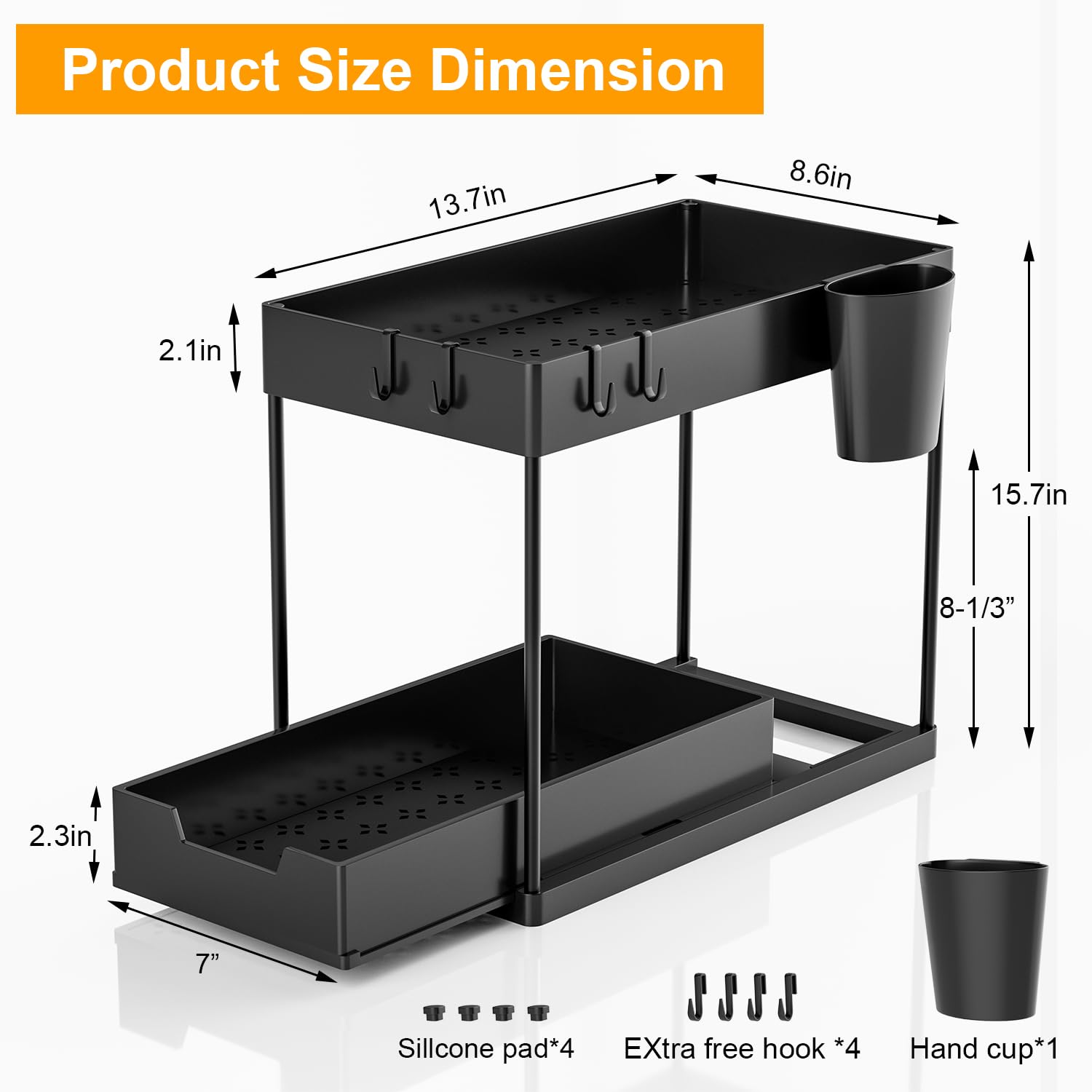 GORLDE 1 Pack Under Sink Organizer,2 Tier Under Bathroom Cabinet Organizer with Hooks Hanging Cup,Multi-Purpose Storage Shelf for Kitchen Bathroom,Black (1)