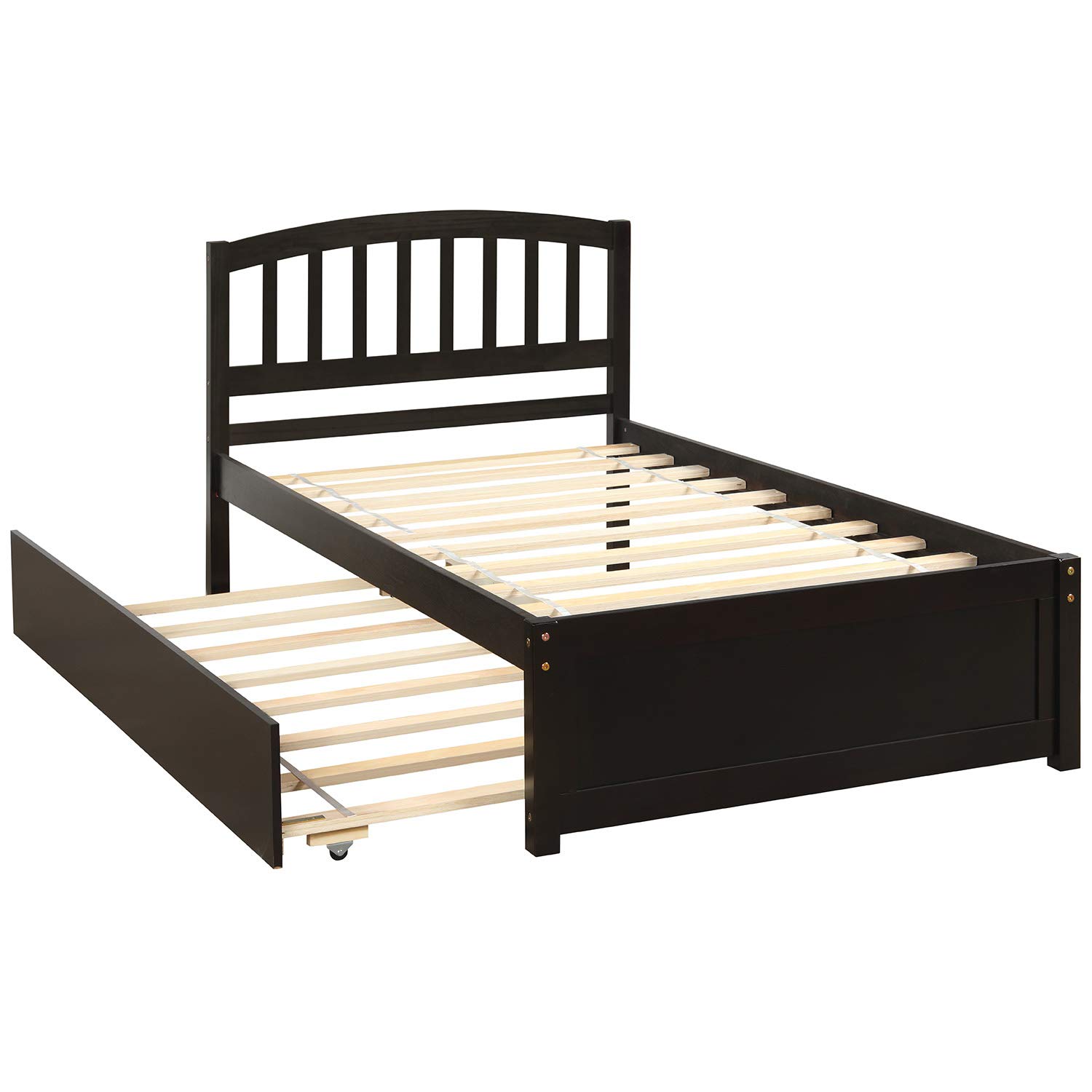 GINGVAT Twin size Platform Bed with Trundle, Wooden Bedframe Frniture, Espresso