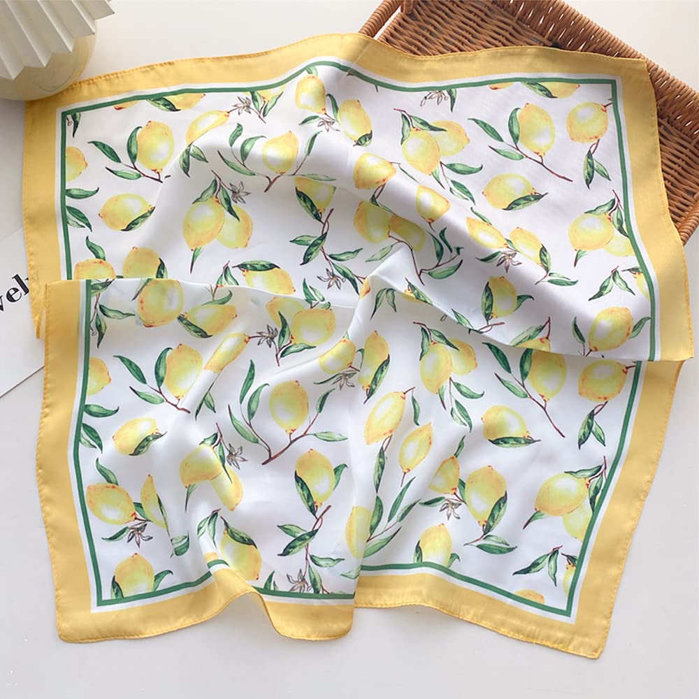 NaSoPerfect Silk Like Scarf Square Handkerchief Lemon Pattern Satin Ribbon Neck Scarfs for Women Yellow 21" x 21"