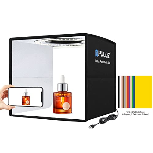 Photo Studio Box, PULUZ Mini Folding Lightbox LED Ring Light Portable Photo Studio Photography Shooting Tent Box Kit 12 Colors Backdrops USB Light Box for Phones DSLR Camera (9.8 x 9.8 inch)