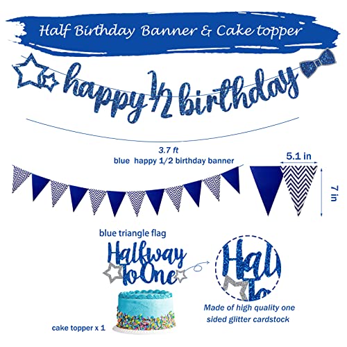 Half Birthday Decorations Baby Boy, Hombae 1/2 Birthday Boy Decorations Supplies, 6 Months Birthday Decorations Boy, Blue Glitter Half Birthday Banner with Triangle Flag Banner, 1/2 Birthday Hat Crown with Blue Bow Tie, Halfway to One Cake Topper, Blue Gr