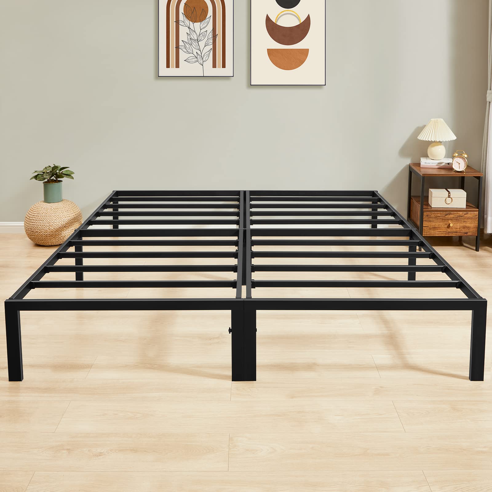 GreenForest King Size Bed Frame Easy Quick Assembly Metal Platform Bed Base and 69 inch L Shaped Desk with Drawers and Power Outlet and USB Ports