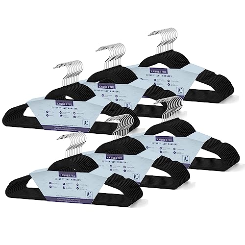 HANGERFUL Velvet Hangers 60 Pack - Premium Black Clothes Hangers - 360 Degree Swivel - Durable & Non-Slip Suit Hangers, Ultra Slim & Space Saving Coat Hangers, Strong Felt Hangers