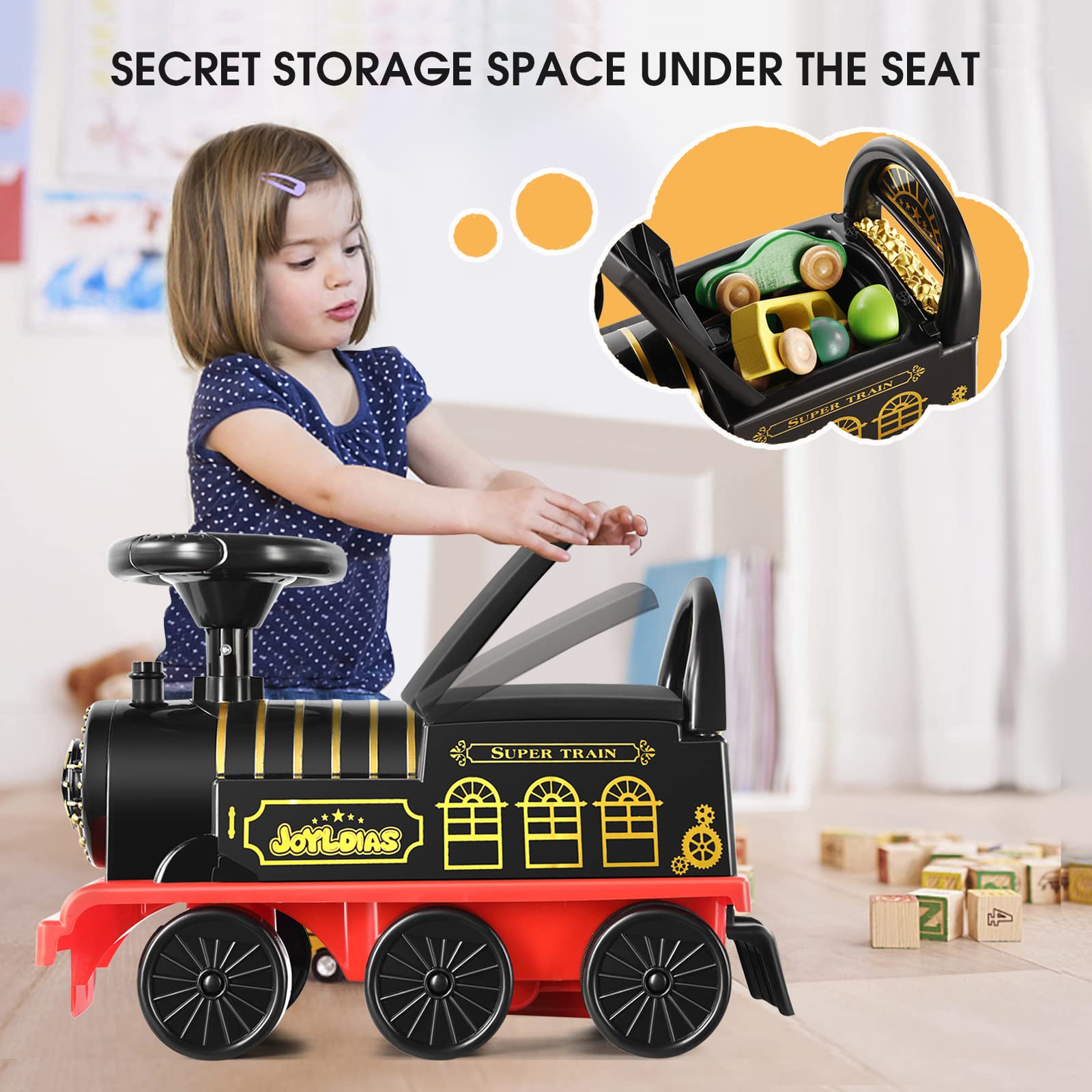 JOYLDIAS Toddler Ride On Train, Push Cars for Toddlers with Led Lights, Train Horns and Storage, Black (Non-Electric Version)