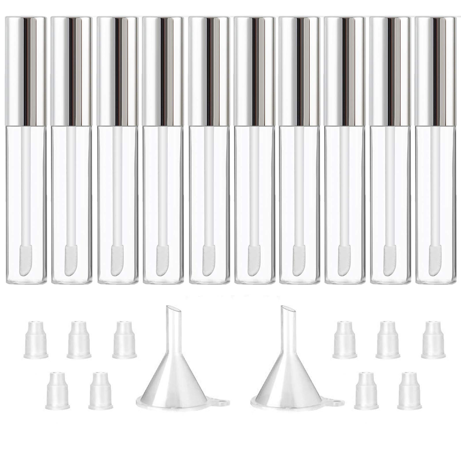 GTHER 10PCS 10ML Empty Lip Gloss Containers Tube with Wand, Refillable Lip Balm Bottles, Lipstick Sample Container and Funnel and Rubber Stoppers for Girls DIY Lip Samples, Silver Top