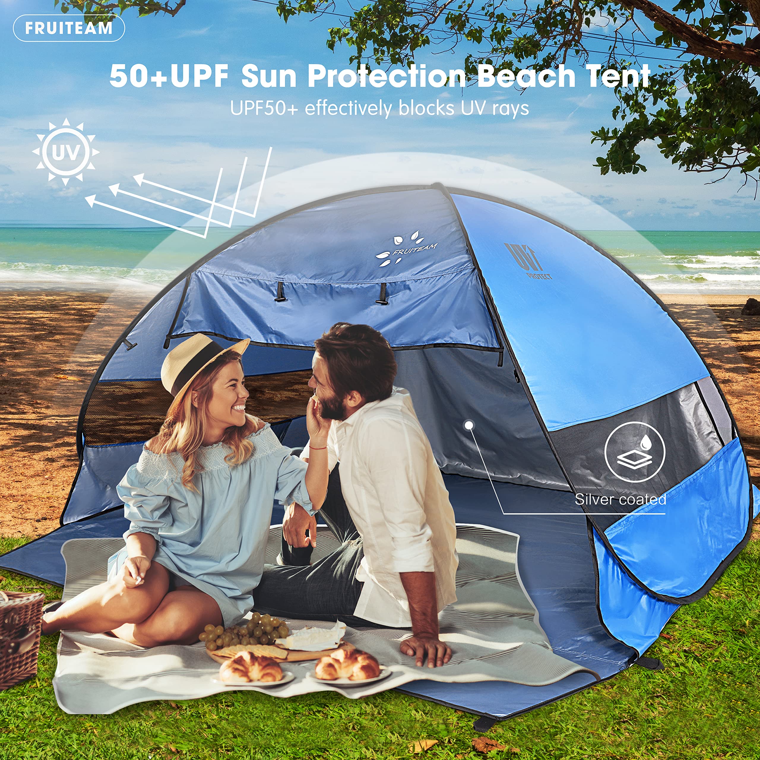 FRUITEAM Pop Up Beach Tent Sun Shelter for 3-4 Person with UV Protection for Camping/Outdoor/Beach, Blue