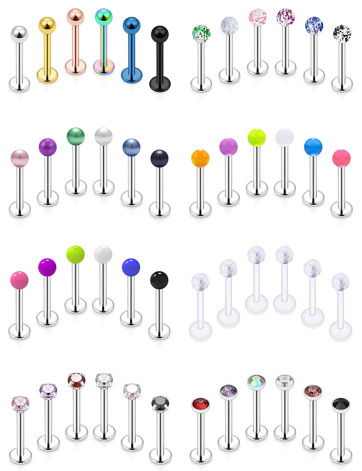 Gadeaila 48pcs 16G Lip Rings Stainless Steel Labret Monroe Lip Rings Nail Cartilage Tragus Helix Earrings Studs Ring Medusa Piercing Jewelry for Women Men 6mm 8mm 10mm