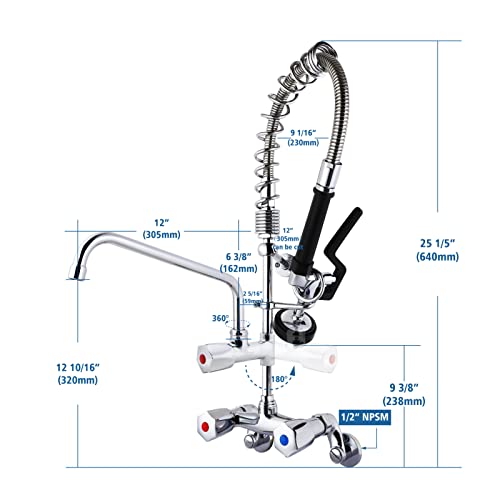 MS 4-8 Inch Adjustable Center Wall Mount 25'' Height Commercial Kitchen Sink Faucet Brass Mini Pre Rinse Unit with Spray Valve and 12 inch Add on Spout (6814P)