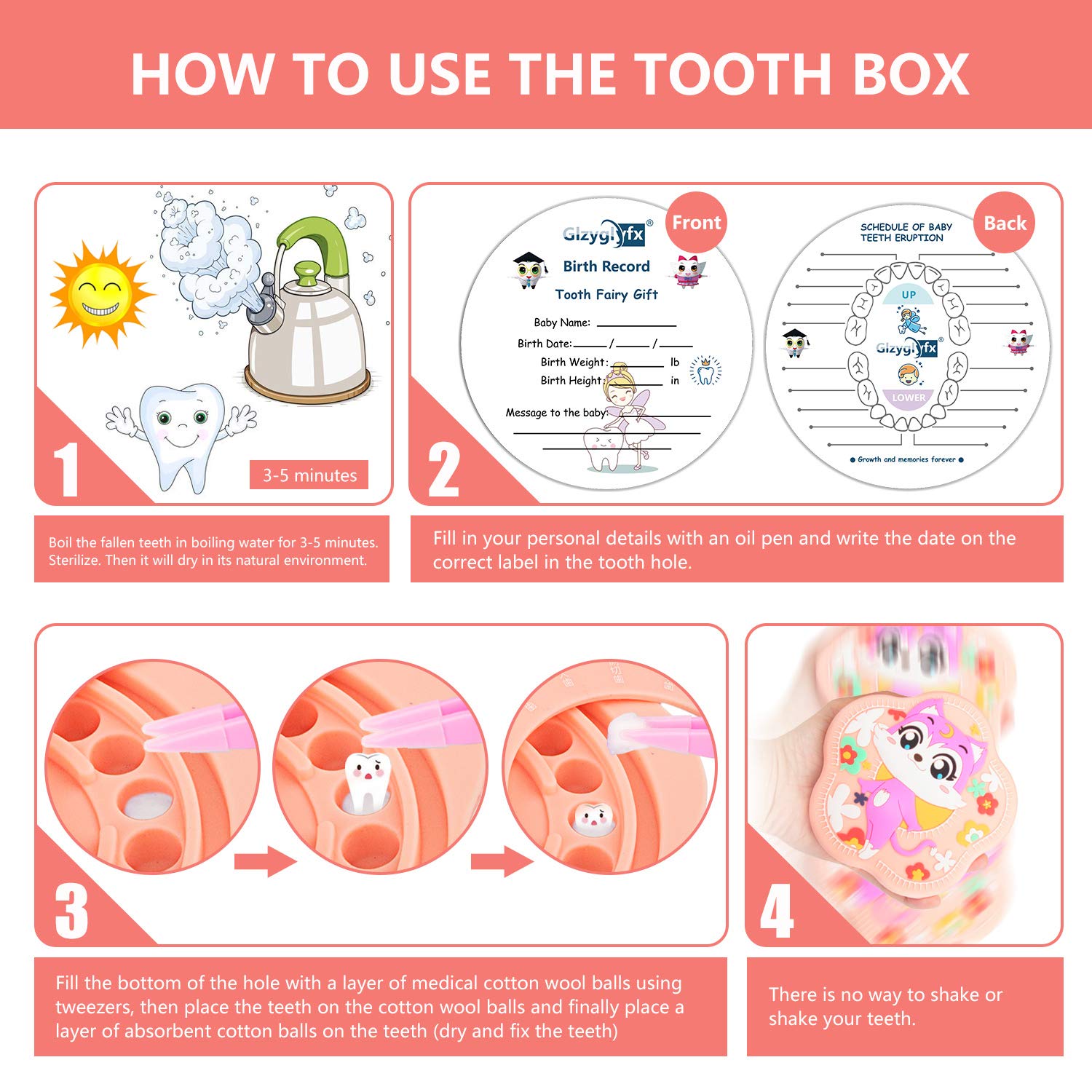 Glzyglyfx Baby Teeth Keepsake Box,Tooth Fairy,Lost Deciduous Tooth Collection Organizer,Cute Children Tooth Fetal Hair Umbilical Container,Saving Baby Teeth (Pink)
