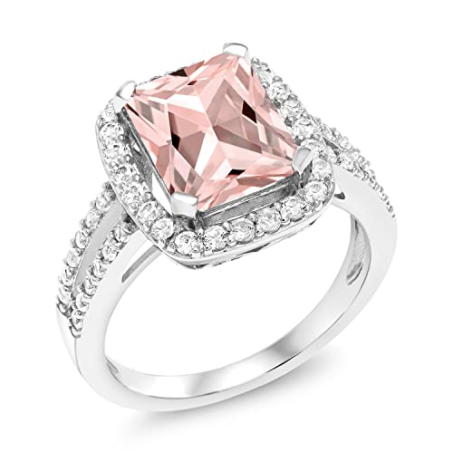Gem Stone King 925 Sterling Silver Peach Nano Morganite Engagement Ring For Women (3.82 Cttw, Emerald Cut 10X8MM, Available In Size 5, 6, 7, 8, 9)