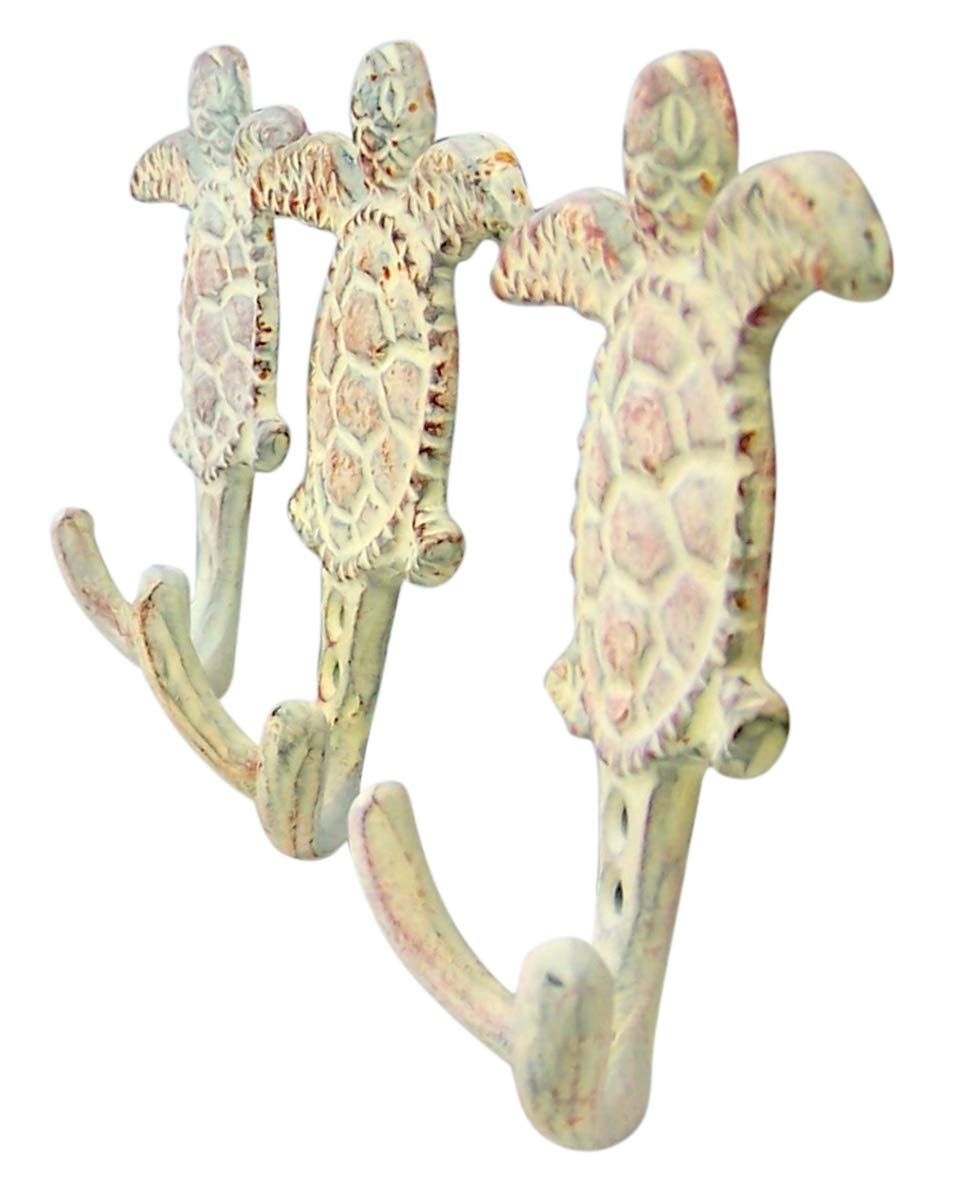 Wowser White Turtle Cast Iron Wall Mount Coat Hooks, 4 3/4 Inch, Set of 3