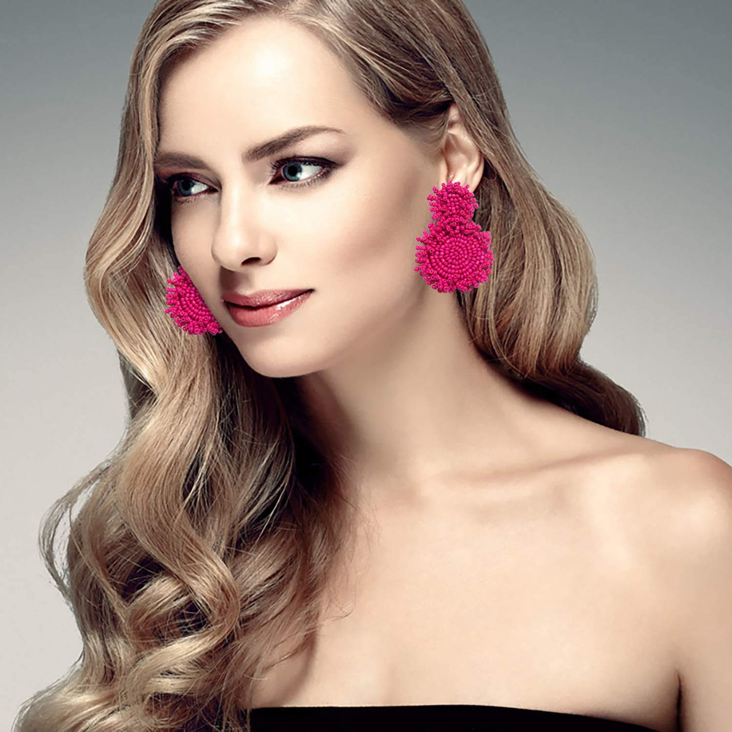 GLBCC Statement Drop Earrings for Women - Bohemian Beaded Round Dangle Earrings Idea Birthday Gifts for Mom Wife Friend (hot pink)