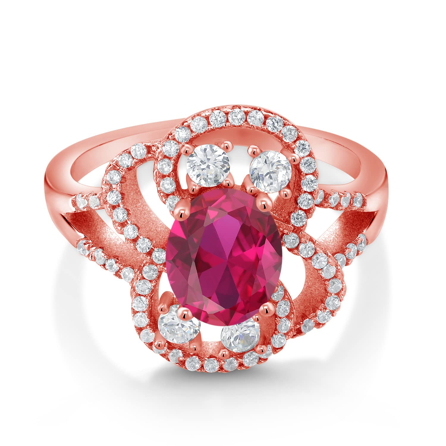 Gem Stone King 18K Rose Gold Plated Silver Oval Red Created Ruby Women Statement Ring (2.82 Cttw, Available In Size 5, 6, 7, 8, 9)