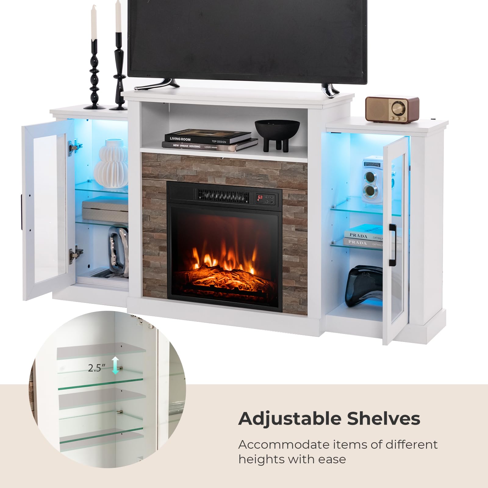 GOFLAME Fireplace TV Stand with LED Lights for TV up to 65β, Entertainment Center with 18β Electric Fireplace, Remote & APP Control, TV Console with Adjustable Glass Shelves (White)