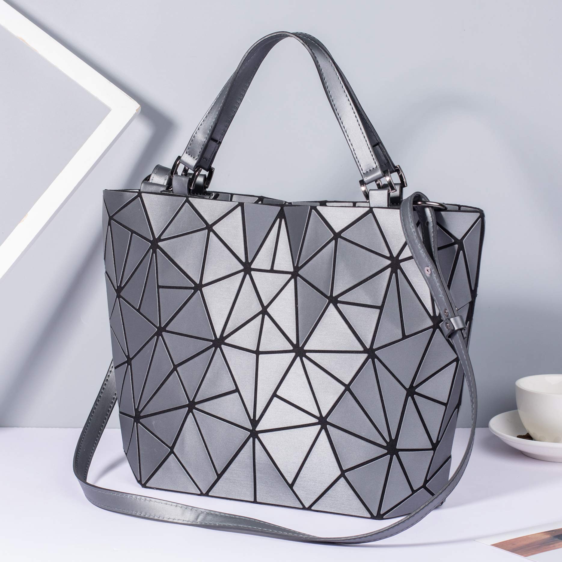 Geometric Luminous Purses and Handbags Holographic Reflective Crossbody Bag Wallet Flash Rainbow Tote Grey