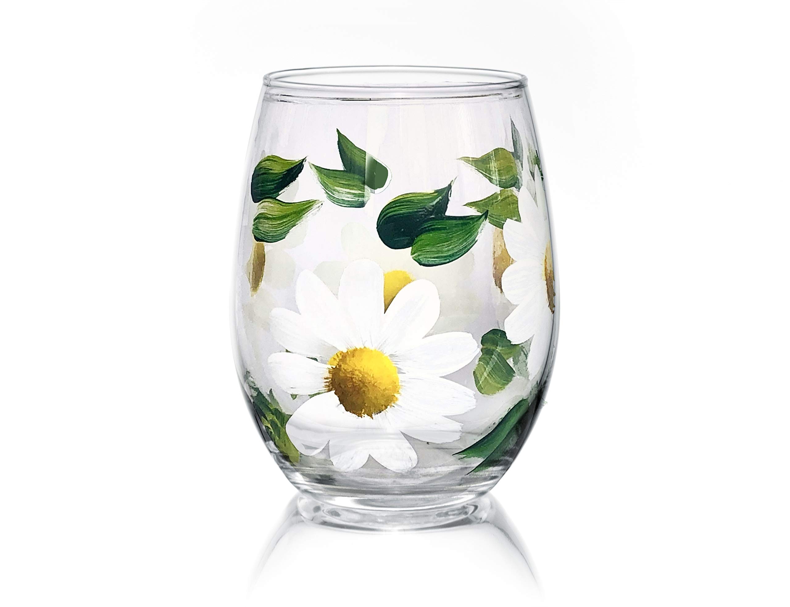 Hand Painted White Daisy Flower Stemless Wine Glass, Gift for her, Daisy Flower Wine Glass 15 oz
