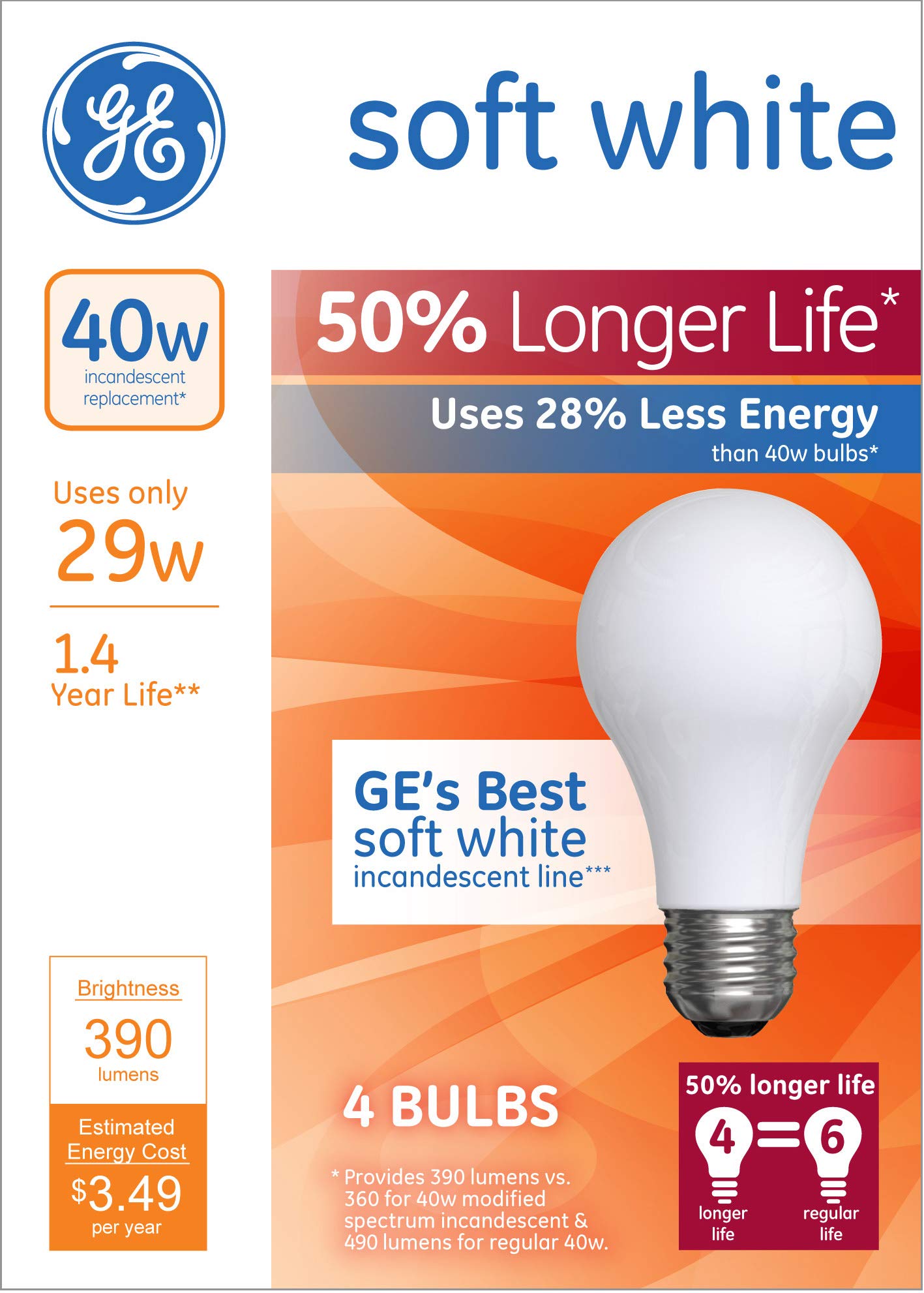 GE Lighting White 70287 Soft Long Life 29 (40-watt Replacement), 390-Lumen A19 Light Bulb with Medium Base, 4-pack, 4 Count (Pack of 1)
