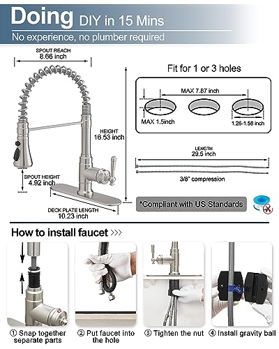 HOIGY Brushed Nickel Pull Down Kitchen Faucet and Bathroom Sink Faucet Set, 3-Function Pull-Out Kitchen Faucets with Deck Plate, 3 Hole Widespread Bathroom Sink Faucet with Pop-up Drain