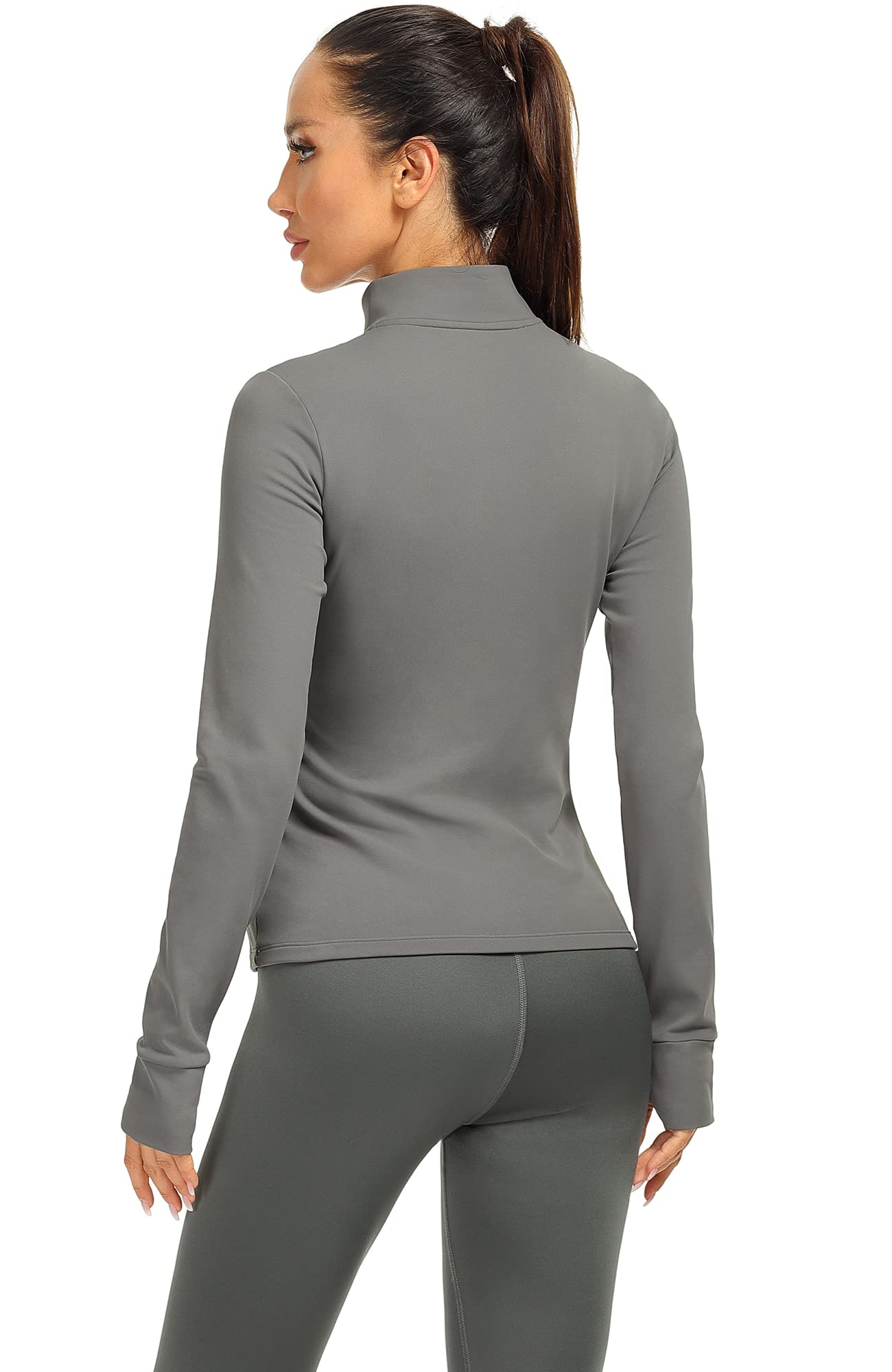 icyzone Fleece Lined Half Zip Pullover for Women with Thumb Holes, Athletic Workout Warm Jackets, Fitted Long Sleeve Yoga Crop Tops (Cacao, L)
