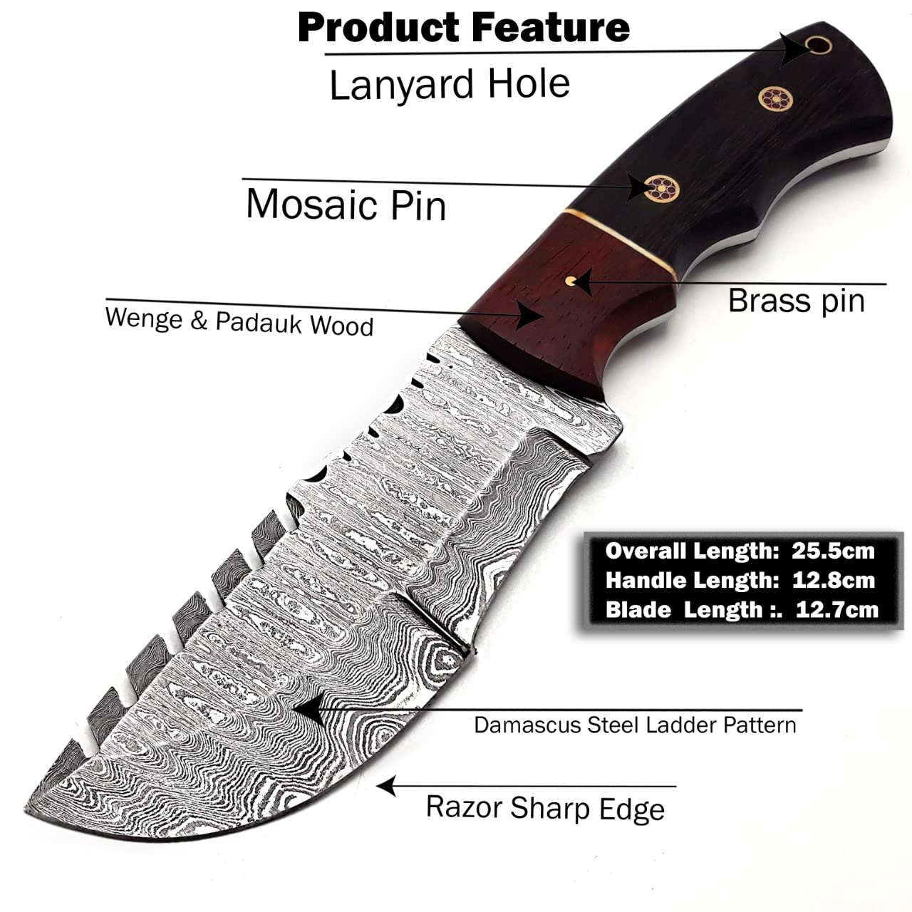 Handmade Tracker Knife Damascus Knife for Hunting Camping - 10 Inch Damascus Steel Hunting Tracker Knife with Horizontal Carry Sheath - Fixed Blade Survival tactical full tang Bushcraft Knife (Wenge & Padauk)