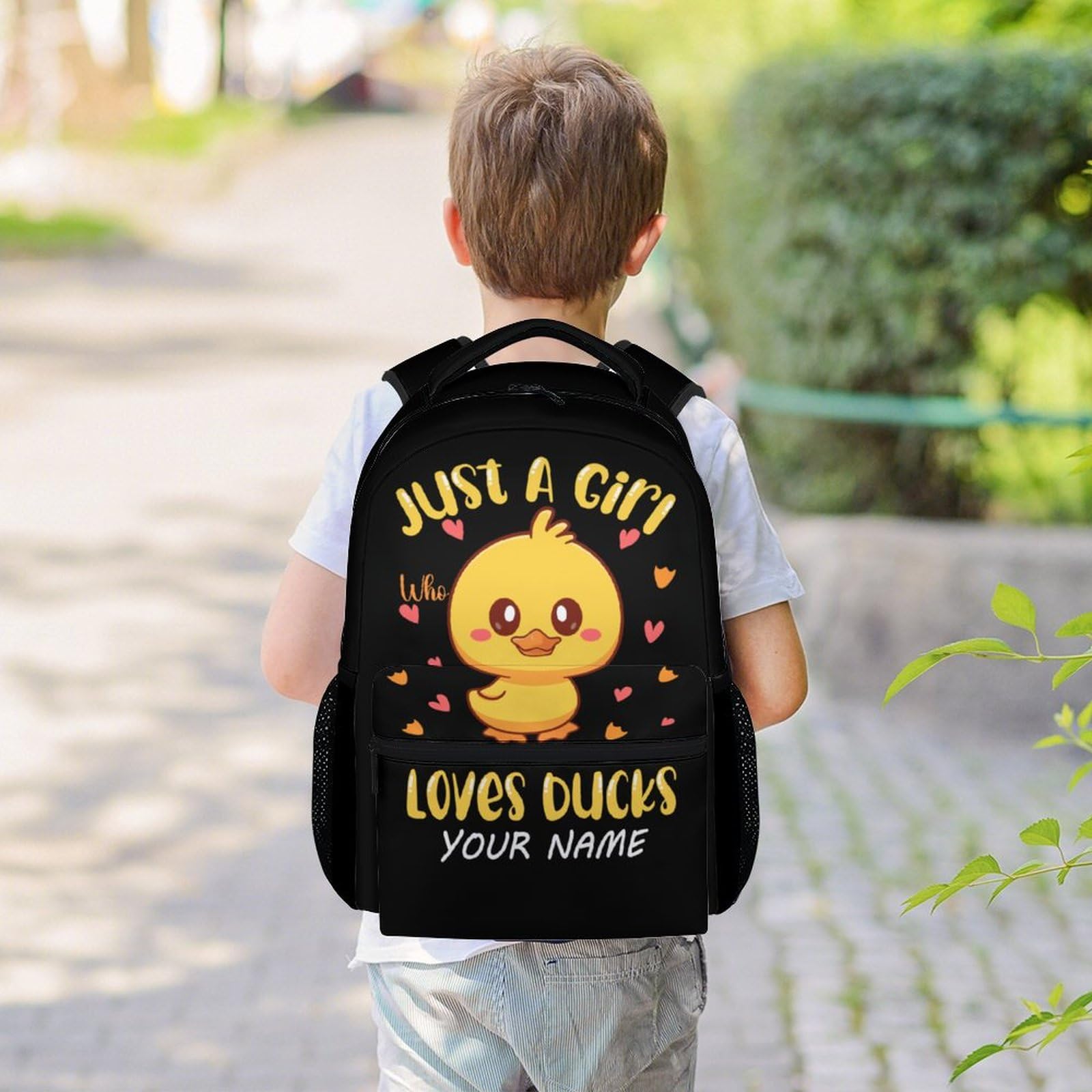 FUZZYFIT Personalized Duck Backpacks for Girls, 16 Inch Cute Print Backpack for School, Black Lightweight Bookbag for Travel