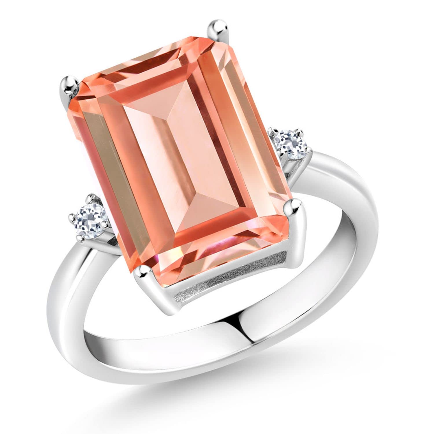 Gem Stone King 925 Sterling Silver Peach Nano Morganite and White Topaz Ring For Women (6.38 Cttw, Emerald Cut 14x10MM, Gemstone October Birthstone, Available In Size 5, 6, 7, 8, 9)