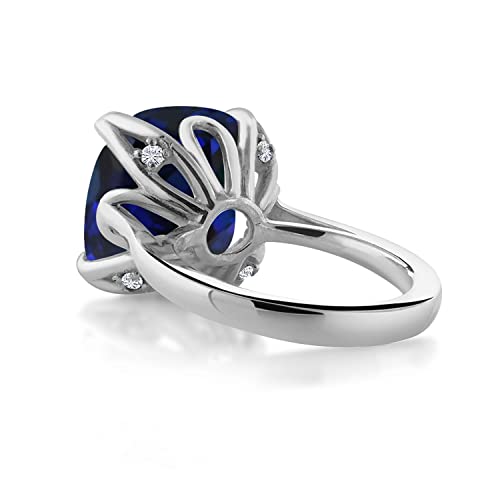 Gem Stone King 925 Sterling Silver Blue Created Sapphire and White Moissanite Women Ring (14.10 Cttw, Cushion 14MM, Available In Size 5, 6, 7, 8, 9)