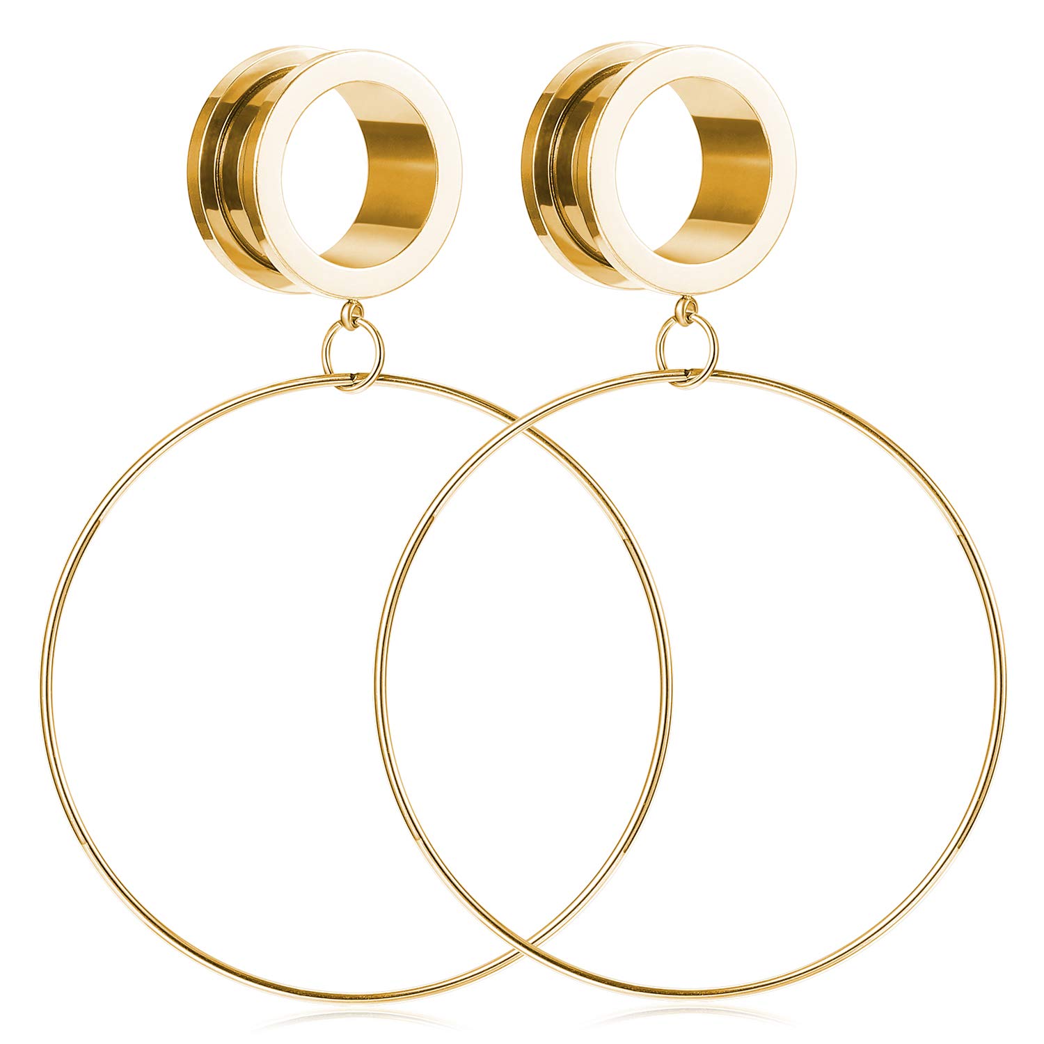 GAGABODY Large Hoop Ear Tunnels Surgical Steel Ear Plugs Expander Dangle Gauges Stretcher Earring Earlobe Piercing Screwing Back Gold 1"(25mm)