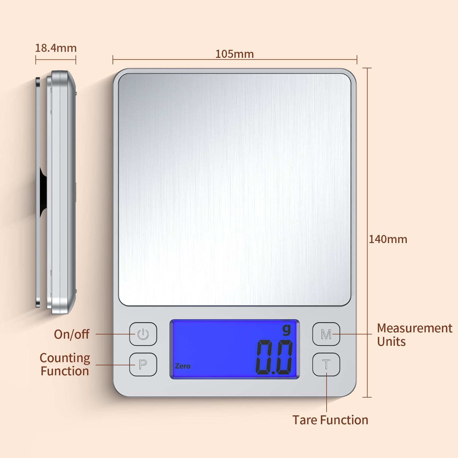 Food Kitchen Scale, Food Scales Digital Weight Grams and Oz, High Precision Digital Scale, with 2 Trays, Tare Function, Baking, Cooking, LCD Display