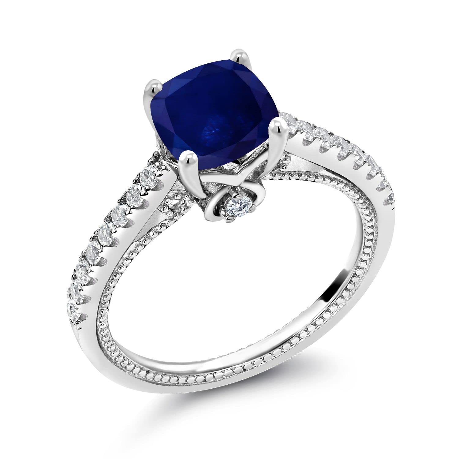 Gem Stone King 925 Sterling Silver Cushion 7MM Gemstone Birthstone and White Created Sapphire Engagement Ring | Wedding Engagement Anniversary Promise Ring For Women