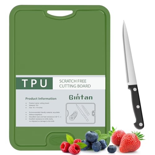 Gintan Flexible TPU Cutting Board with Knife and Juice Groove, BPA Free Flexible Chopping Boards for Kitchen Dishwasher Safe Easy Grip Handle(Dark Green)