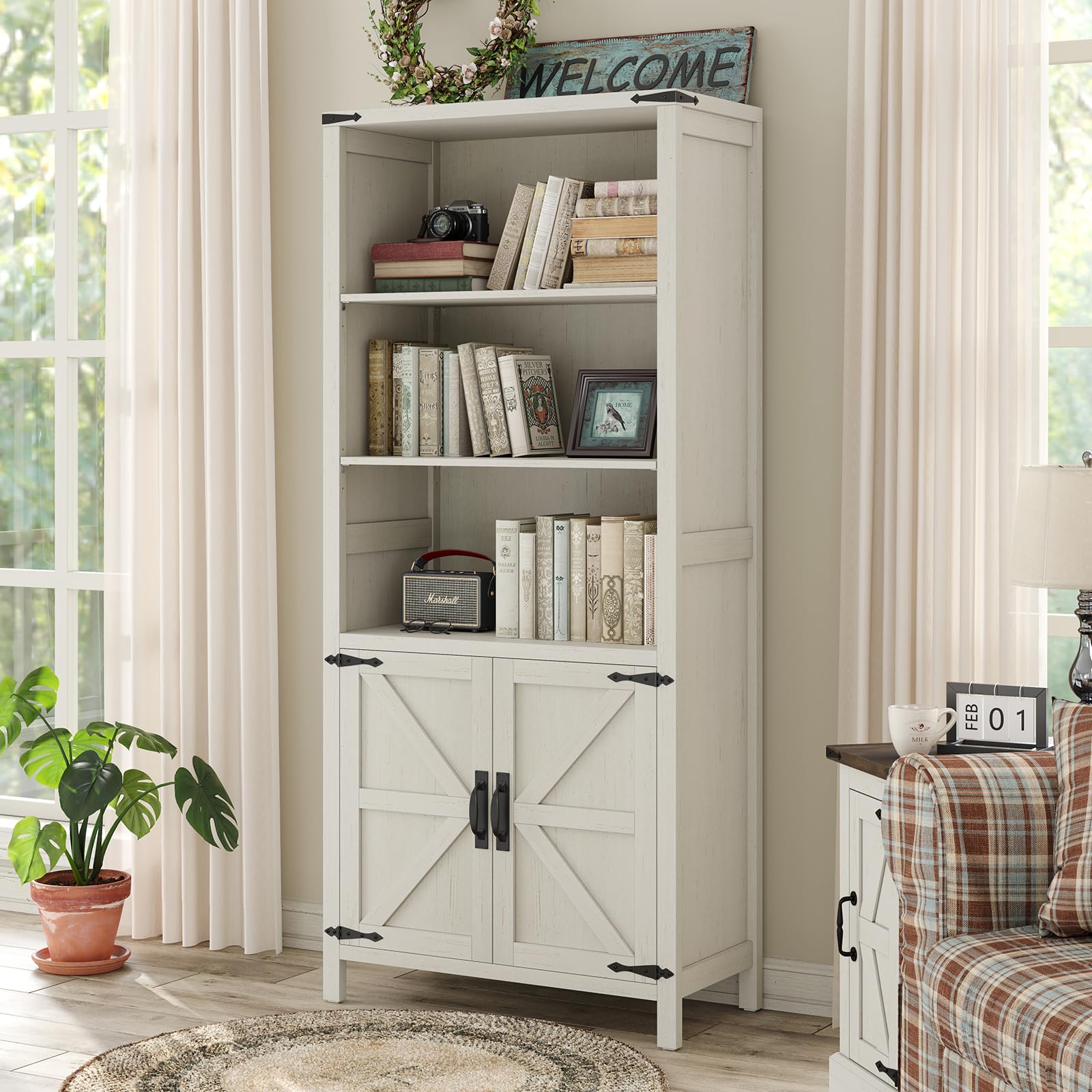 furomate Farmhouse Bookcase and Bookshelf with Doors, 5-Shelf Bookcase Adjustable Bookshelf, Wood Bookcase Tall Storage Cabinet for Bedroom, Living Room, Kitchen, White