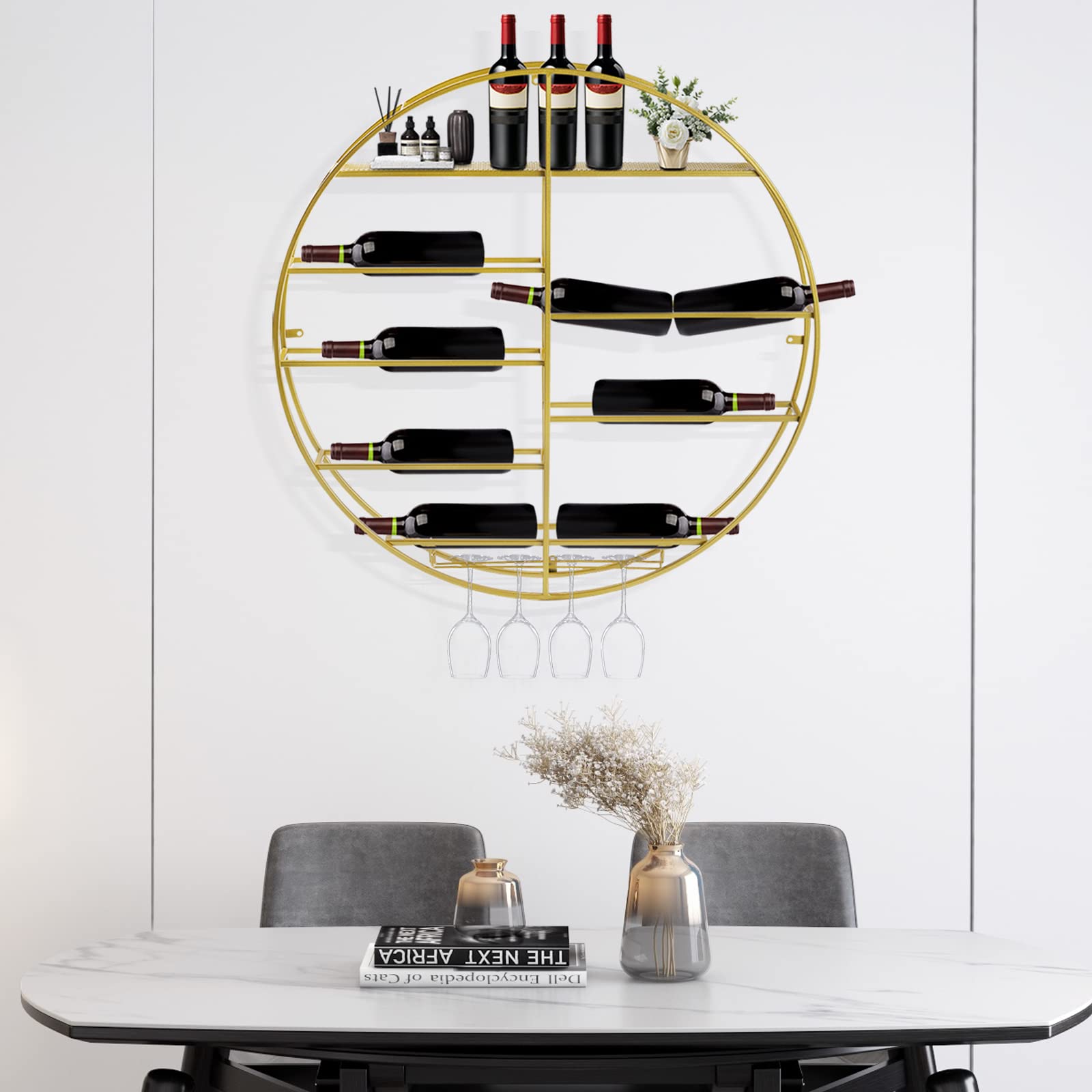 Headery 7 Tier Round Iron Wall Wine Bottle Holder, Wine Storage and Display Rack,Bar Liquor Shelves Shelf with 4 Glass Holder for Kitchen, Party, Bar, Dining Room(Black/Gold (Gold)