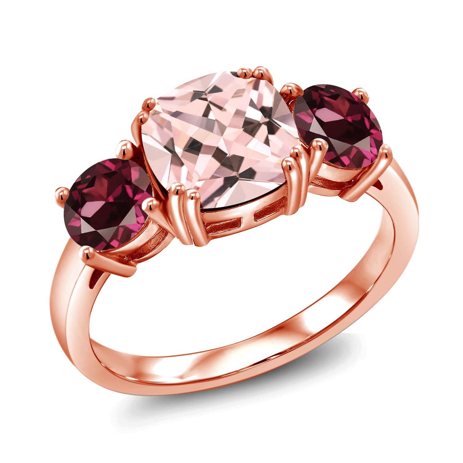 Gem Stone King 18K Rose Gold Plated Silver Peach Nano Morganite and Red Rhodolite Garnet 3 Stone Engagement Ring For Women (3.20 Cttw, Gemstone October Birthstone, Cushion 8MM, Size 6)