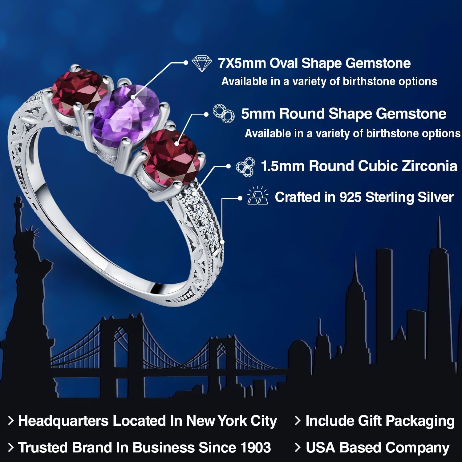 Gem Stone King 925 Sterling Silver Purple Amethyst and Red Rhodolite Garnet Engagement Ring For Women (2.07 Cttw, Oval Checkerboard Cut 7X5MM, Available in size 5, 6, 7, 8, 9)