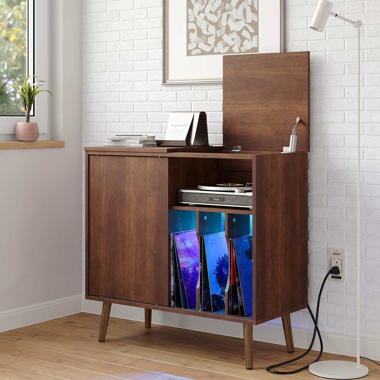 furomate Record Player Stand with Storage, 2 Tier Vinyl Record Storage Cabinet, Mid-Century Record Player Table with Power Outlets & LED Lights, Turntable Stand for Living Room, Mahogany