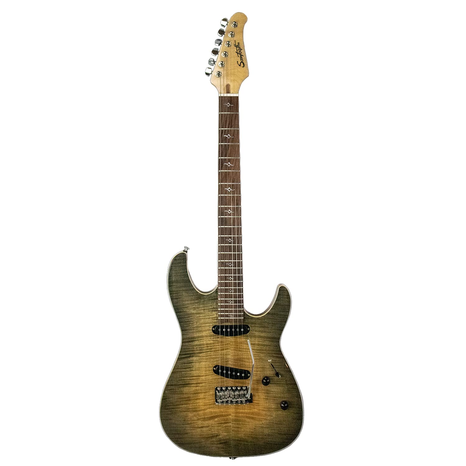GoDpsMusic 6 String Sawtooth Natural Series Flame Maple Trans Moss Burst 24-Fret Electric Guitar w Single Coil Pickups, Right Handed (ST-M24-NAT-NFMG-1)