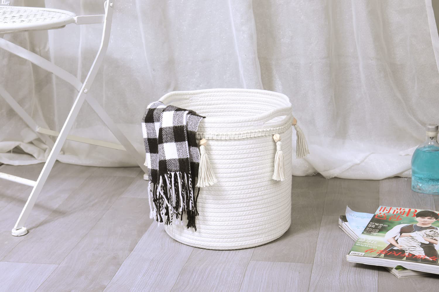 guzhiou Boho Basket with Cute Macrame Woven Tassel, Cotton Rope Storage Bins Organizer for Boho Room Decor,Bedroom Decor,Plant Basket 11"X11"