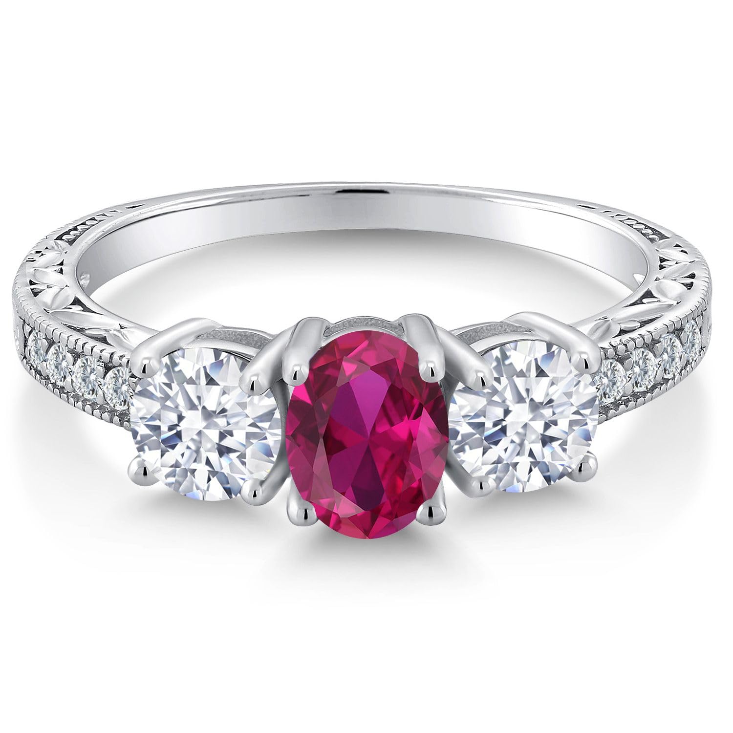 Gem Stone King 2.52 Cttw 925 Sterling Silver Red Created Ruby 3-Stone Engagement Ring | Oval 7X5MM & Round 5MM | 3 Stone Wedding Anniversary Promise Ring For Women (Size 7)